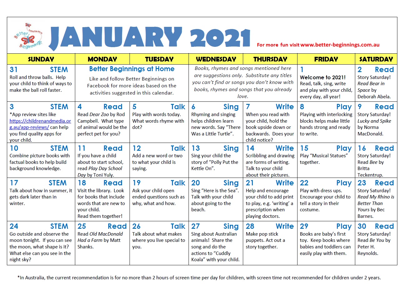 Home Literacy Calendar | Better Beginnings