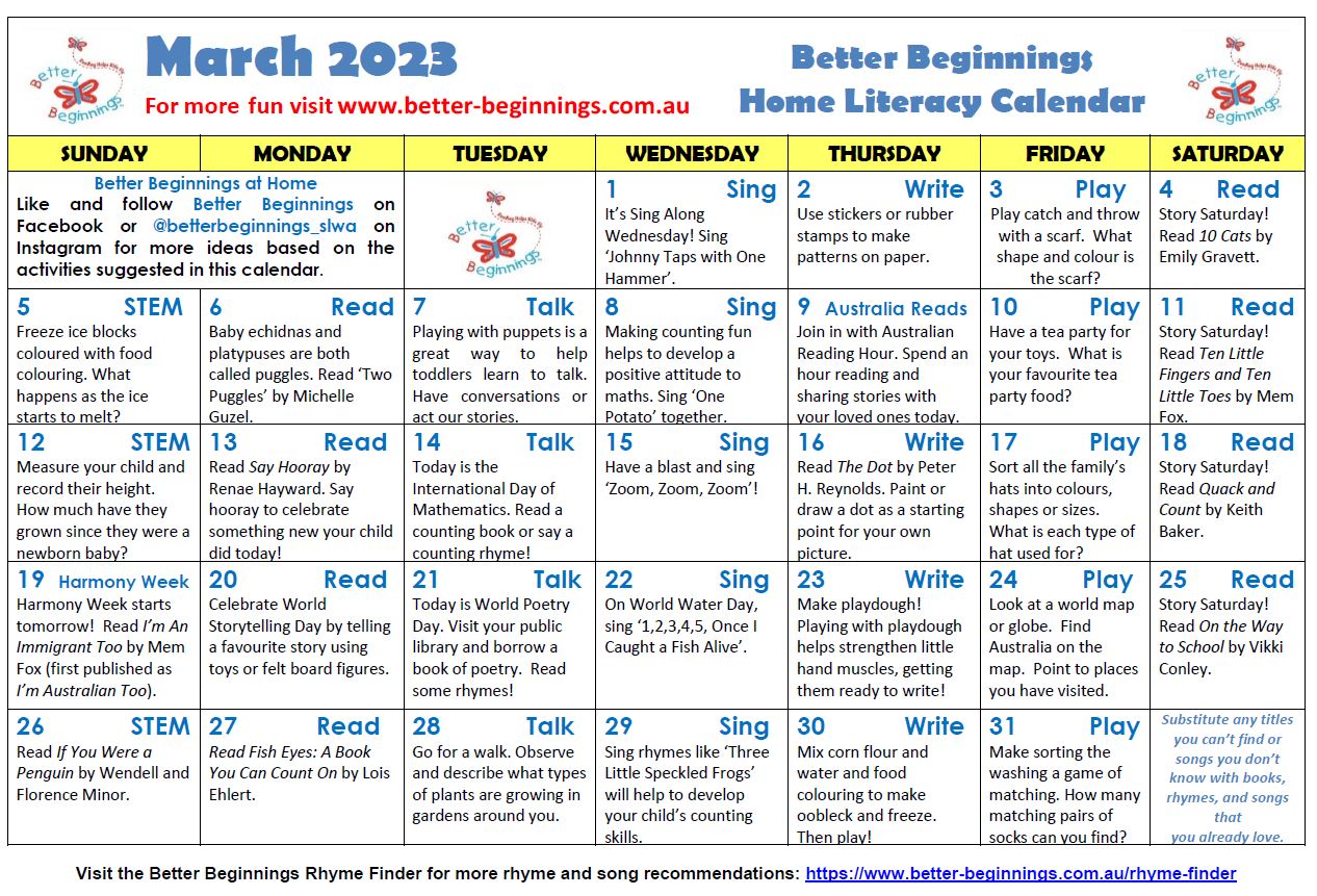Home Literacy Calendar | Better Beginnings