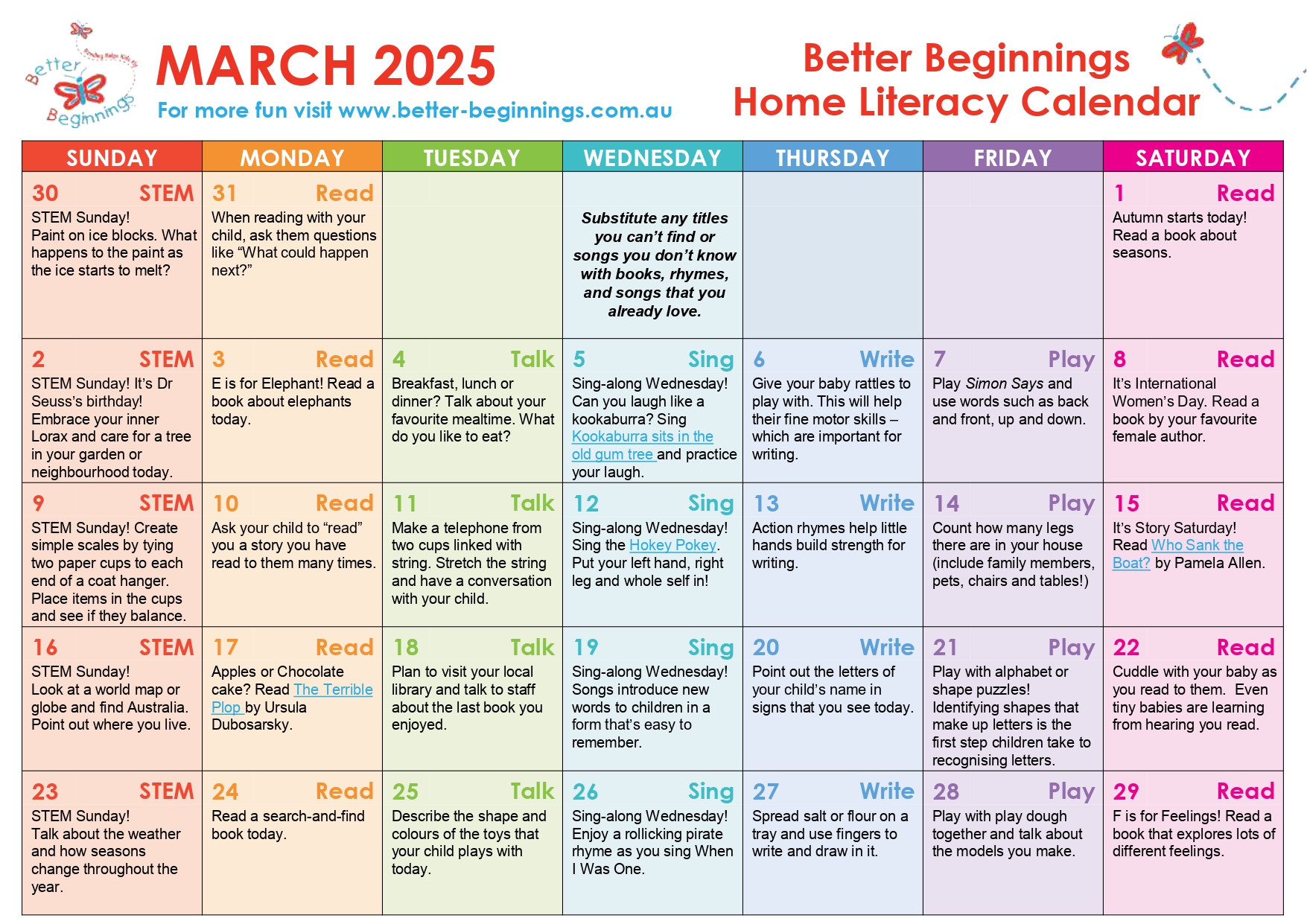 Home Literacy Calendar | Better Beginnings